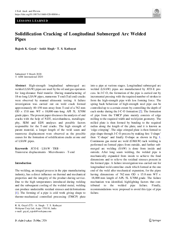 (PDF) Solidification Cracking of Longitudinal Submerged Arc Welded Pipes