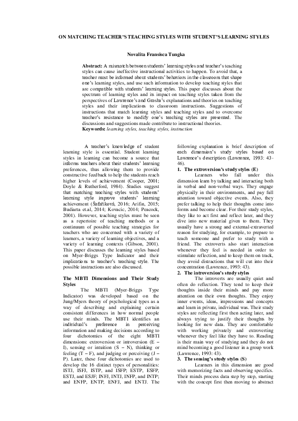 (PDF) On Matching Teacher’s Teaching Styles with Student’s Learning Styles