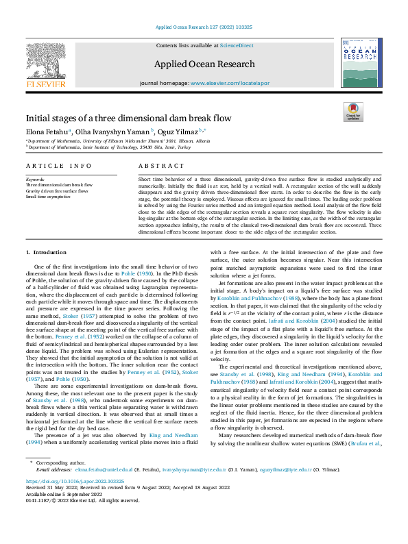 (PDF) Initial stages of a three dimensional dam break flow
