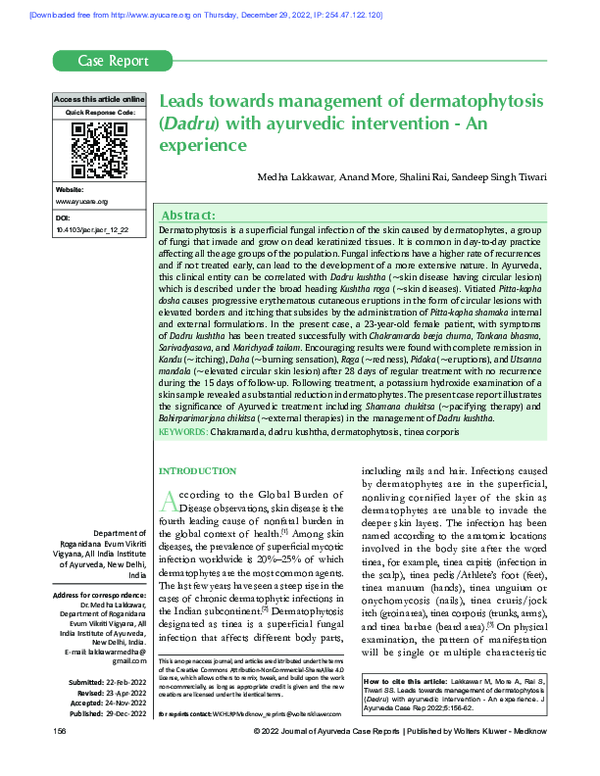 (PDF) Leads towards management of dermatophytosis (Dadru) with ...