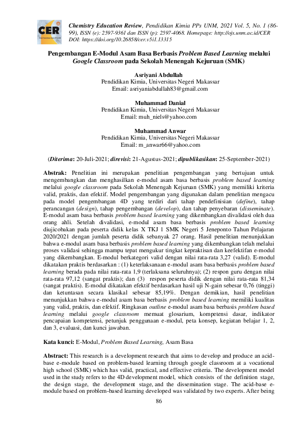 (PDF) Pengembangan E-Modul Asam Basa Berbasis Problem Based Learning melalui Google Classroom ...