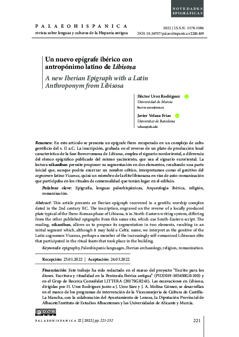(PDF) Un nuevo epígrafe ibérico con antropónimo latino de Libisosa