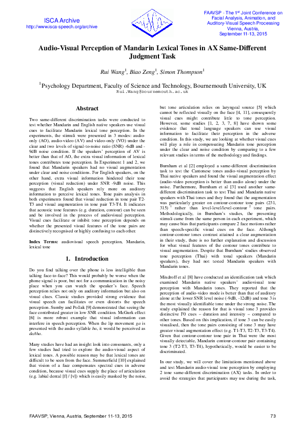 (PDF) Audio-visual perception of Mandarin lexical tones in AX same-different judgment task