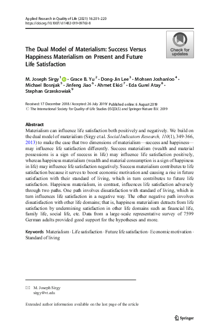 (PDF) The Dual Model of Materialism: Success Versus Happiness ...