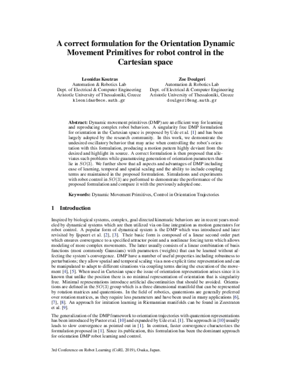 (PDF) A correct formulation for the Orientation Dynamic Movement Primitives for robot control in ...