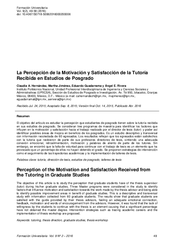 (PDF) La Percepción de la Motivación y Satisfacción de la Tutoría ...