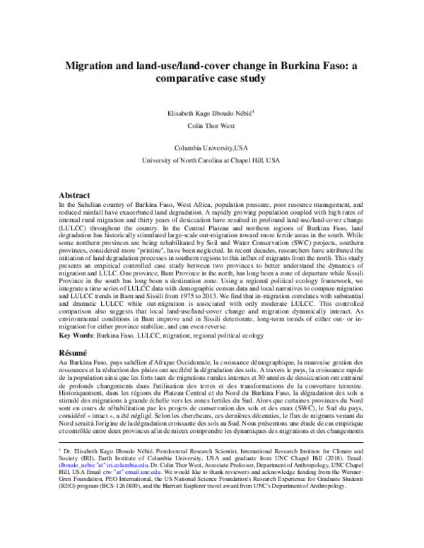 (PDF) Migration and Land-Use and Land-Cover Change in Burkina Faso: a comparative case study