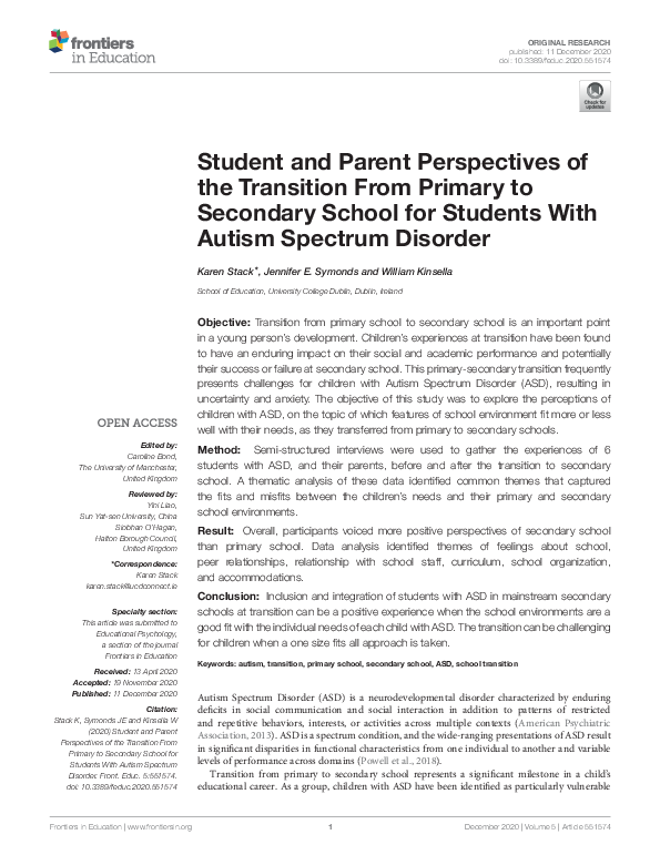 (PDF) Student and Parent Perspectives of the Transition From Primary to Secondary School for ...