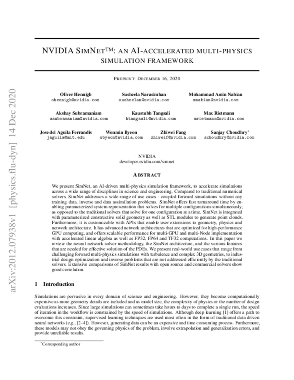 (PDF) NVIDIA SimNet™: An AI-Accelerated Multi-Physics Simulation Framework