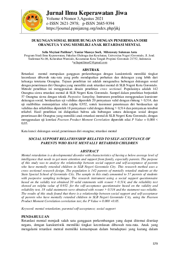 (PDF) Dukungan Sosial Berhubungan dengan Penerimaan Diri Orangtua yang Memiliki Anak Retardasi ...