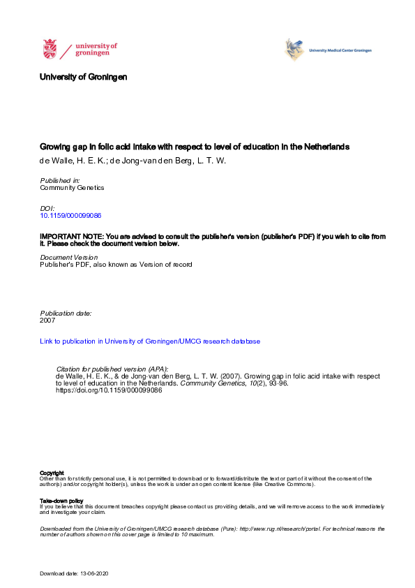 (PDF) Growing Gap in Folic Acid Intake with Respect to Level of Education in the Netherlands