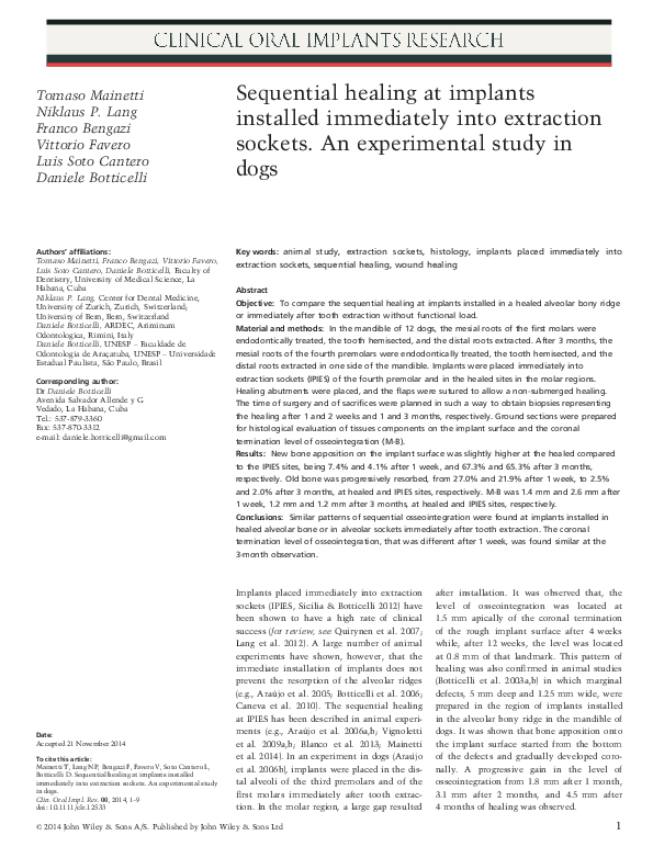 (PDF) Sequential healing at implants installed immediately into ...