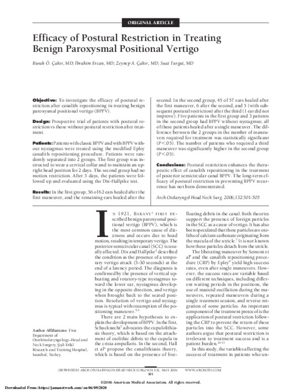 (PDF) Efficacy of Postural Restriction in Treating Benign Paroxysmal ...