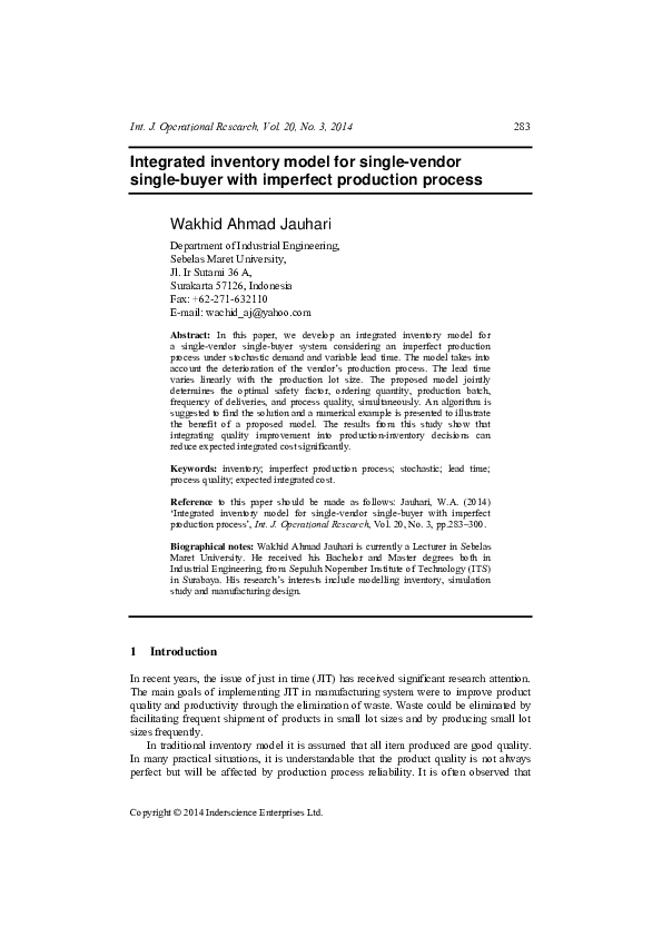 Pdf Integrated Inventory Model For Single Vendor Single Buyer With Imperfect Production Process