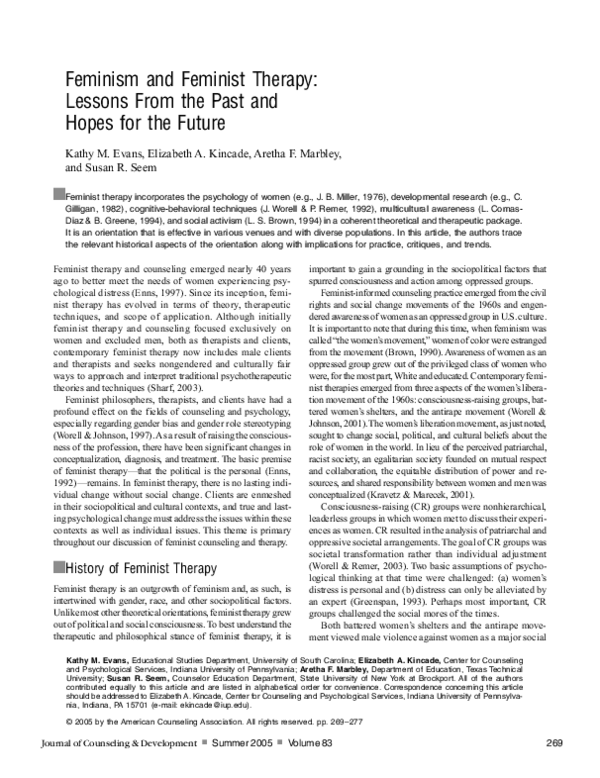 (PDF) Feminism and Feminist Therapy: Lessons From the Past and Hopes ...