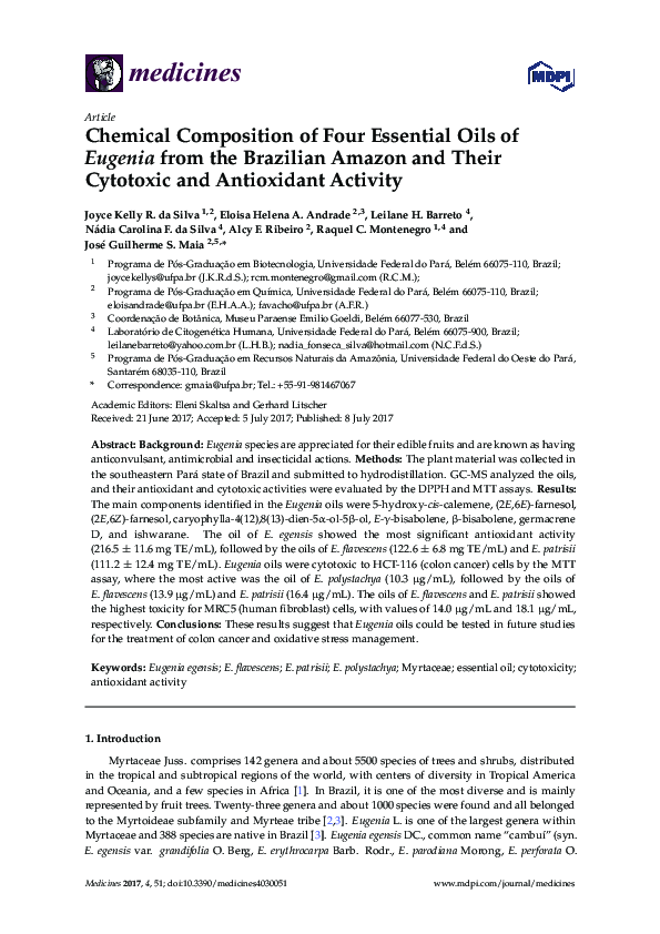 Pdf Chemical Composition Of Four Essential Oils Of Eugenia From The
