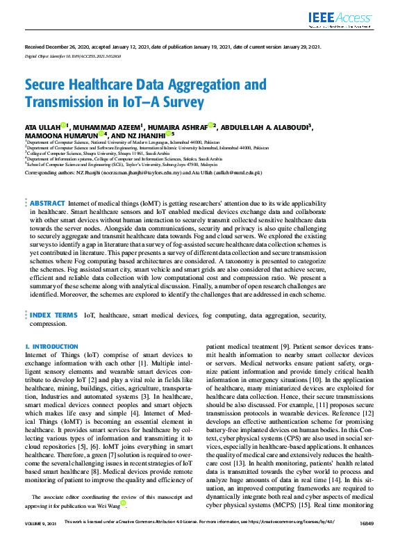 (PDF) Secure Healthcare Data Aggregation and Transmission in IoT—A Survey