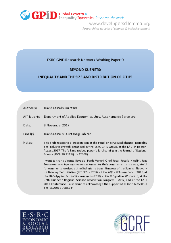 (PDF) Beyond Kuznets: Inequality and the size and distribution of cities