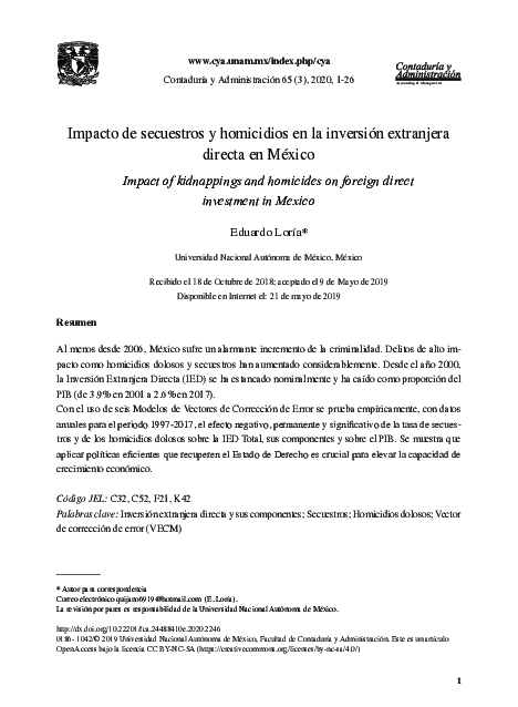 (PDF) Impacto de secuestros y homicidios en la inversión extranjera directa en México