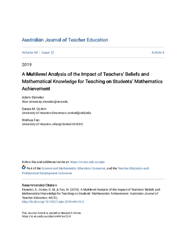 (PDF) A Multilevel Analysis of the Impact of Teachers’ Beliefs and Mathematical Knowledge for ...