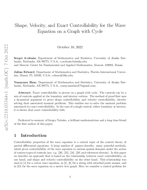 Pdf Shape Velocity And Exact Controllability For The Wave Equation On A Graph With Cycle