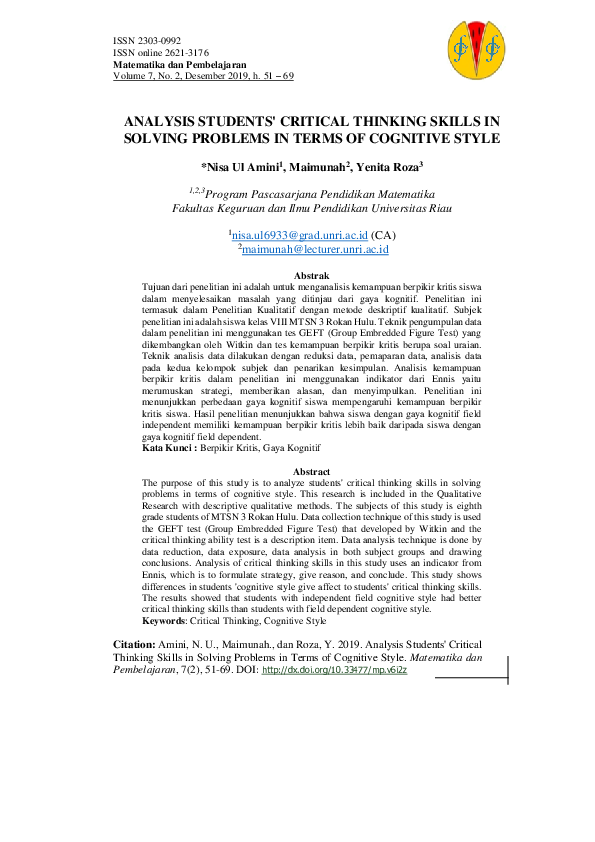(PDF) Analysis Students' Critical Thinking Skills in Solving Problems in Terms of Cognitive Style