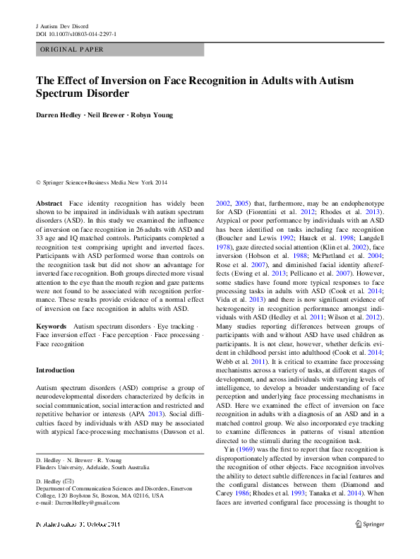 (PDF) The Effect of Inversion on Face Recognition in Adults with Autism Spectrum Disorder