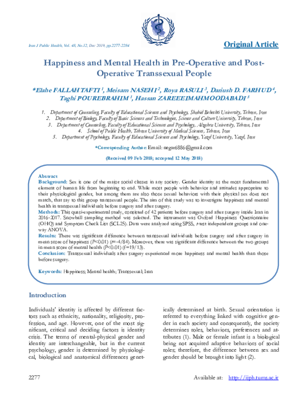 Pdf Happiness And Mental Health In Pre Operative And Post Operative