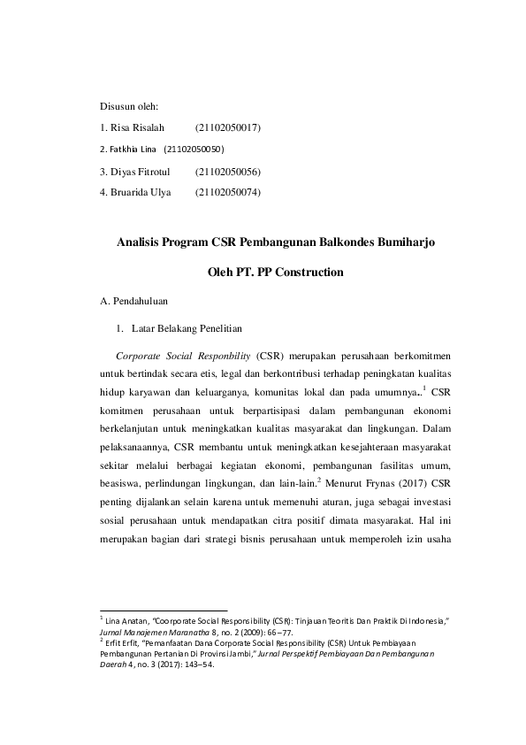 (PDF) Analisis Program CSR Pembangunan Balkondes Bumiharjo Oleh PT. PP Construction