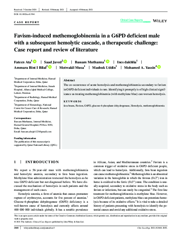 (PDF) Favism‐induced methemoglobinemia in a G6PD deficient male with a ...