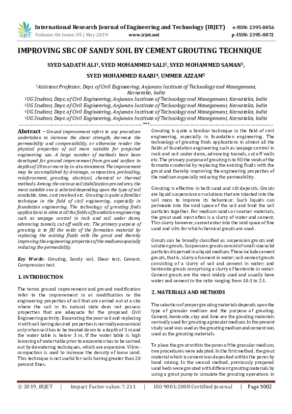 (PDF) Improving SBC of Sandy Soil by Cement Grouting Technique
