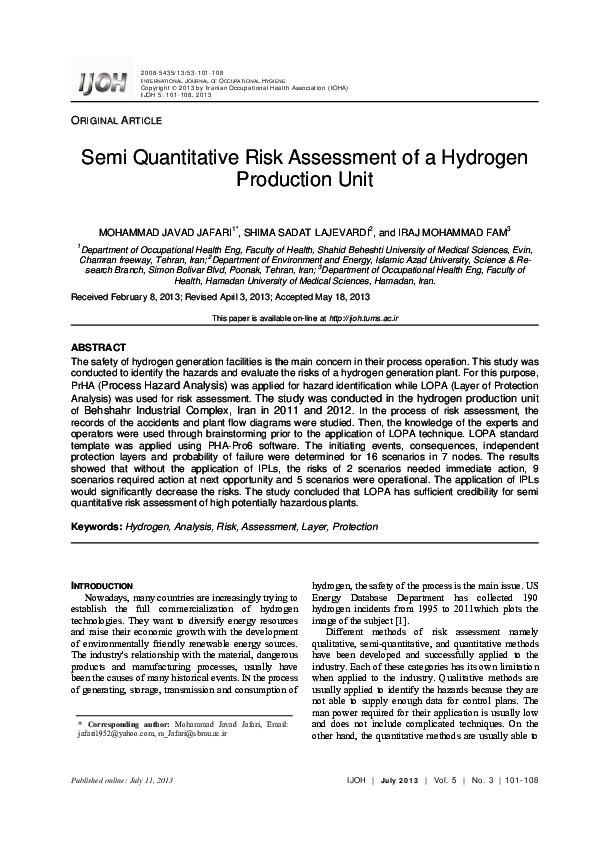 (PDF) Semi Quantitative Risk Assessment of a Hydrogen Production Unit