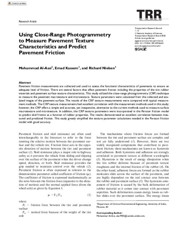(PDF) Using Close-Range Photogrammetry to Measure Pavement Texture Characteristics and Predict ...