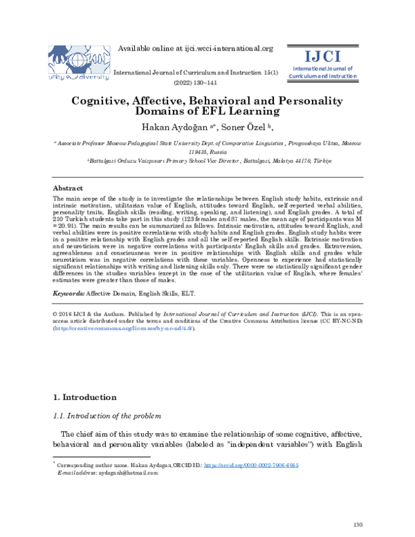 Pdf Cognitive Affective Behavioral And Personality Domains Of Efl Learning
