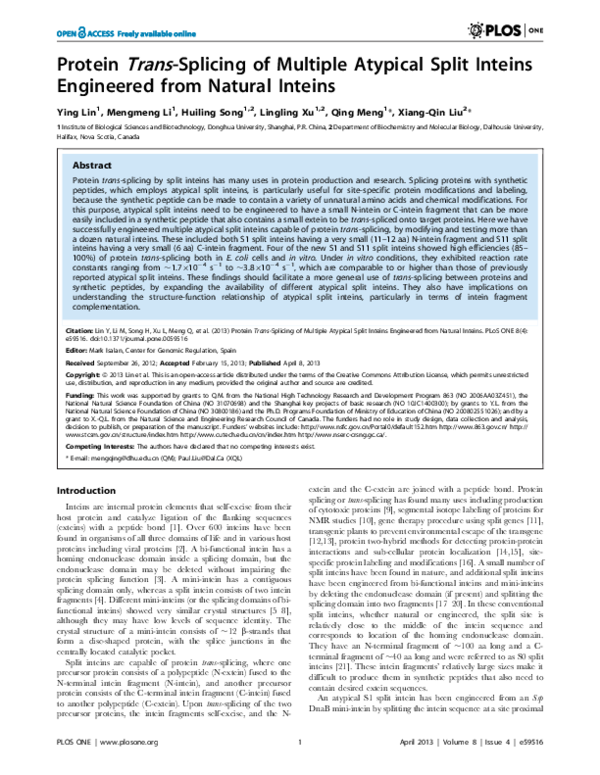 (PDF) Protein Trans-Splicing of Multiple Atypical Split Inteins Engineered from Natural Inteins