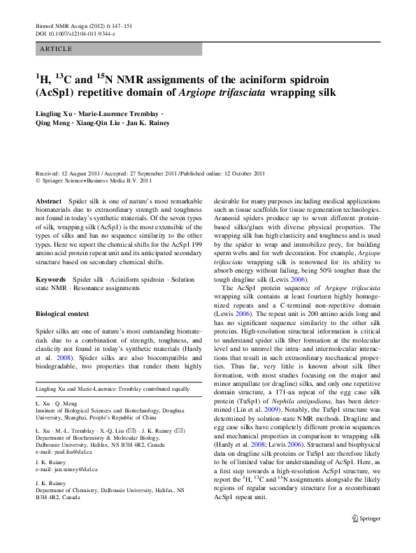(PDF) 1H, 13C and 15N NMR assignments of the aciniform spidroin (AcSp1 ...
