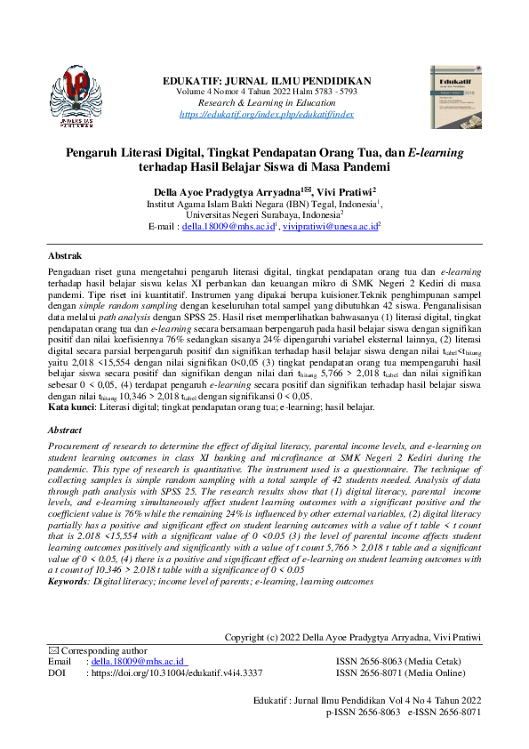 (PDF) Pengaruh Literasi Digital, Tingkat Pendapatan Orang Tua, dan E-learning terhadap Hasil ...