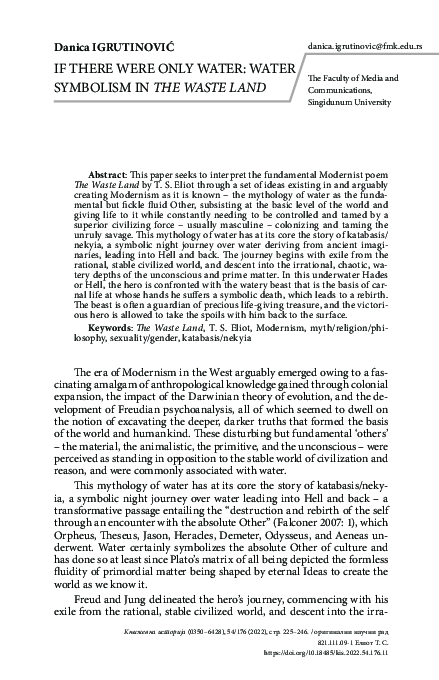 (PDF) IF THERE WERE ONLY WATER: WATER SYMBOLISM IN THE WASTE LAND