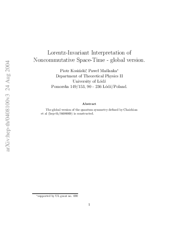 (PDF) Lorentz-Invariant Interpretation of Noncommutative Space-Time ...