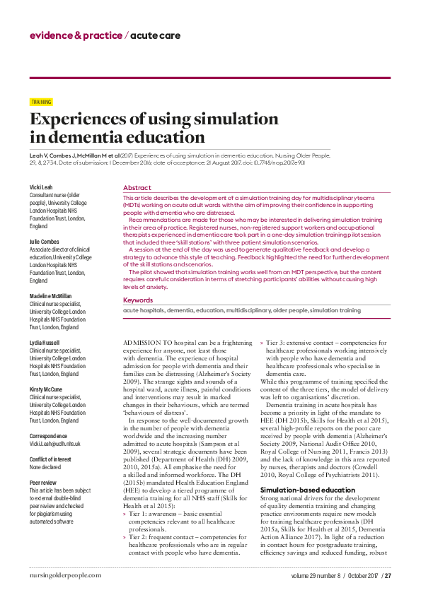 (PDF) Experiences of using simulation in dementia education