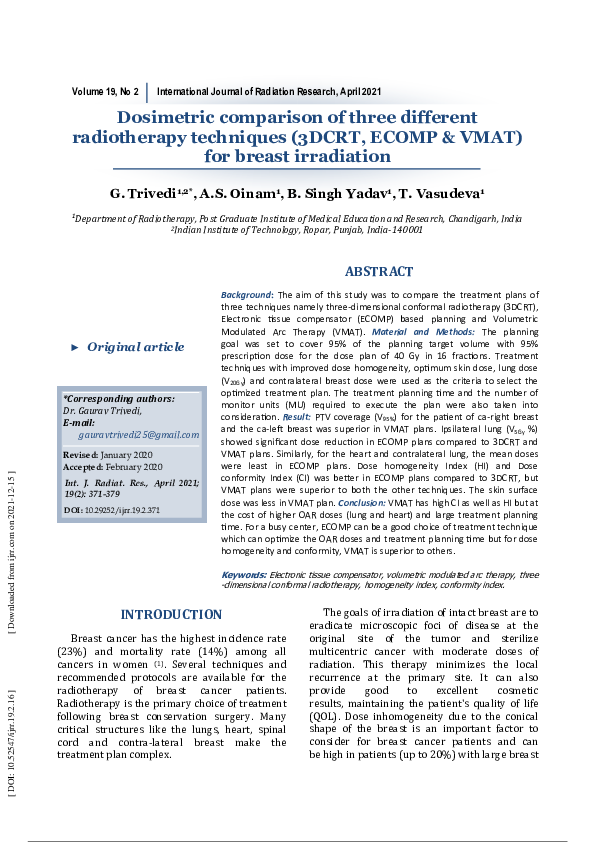 (PDF) Dosimetric comparison of three different radiotherapy techniques (3DCRT, ECOMP & VMAT)for ...