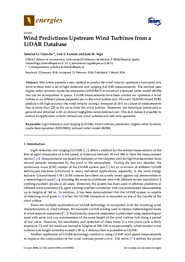 Pdf Wind Predictions Upstream Wind Turbines From A Lidar Database