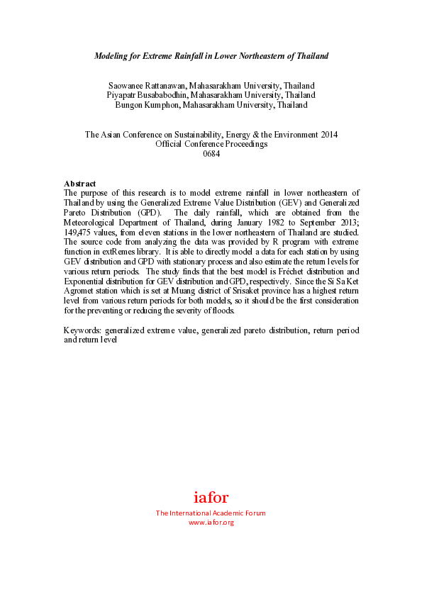 (PDF) Modeling for Extreme Rainfall in Lower Northeastern of Thailand