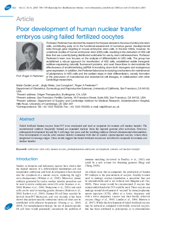 (PDF) Poor development of human nuclear transfer embryos using failed ...