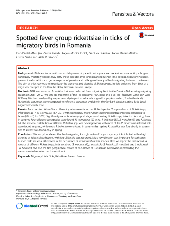 (PDF) Spotted fever group rickettsiae in ticks of migratory birds in ...