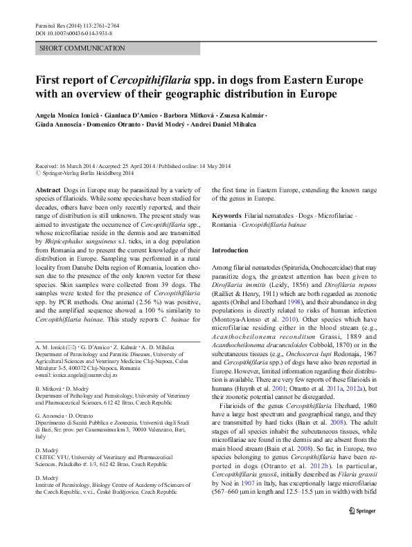 (PDF) First report of Cercopithifilaria spp. in dogs from Eastern ...
