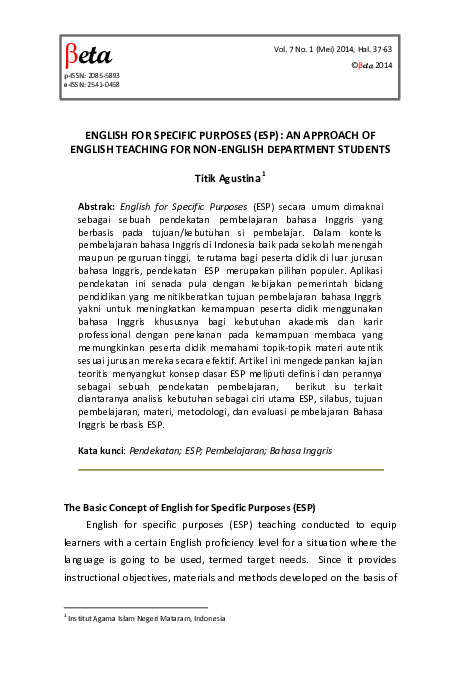 (PDF) English for Specific Purposes (ESP): An Approach of English Teaching for Non-English ...