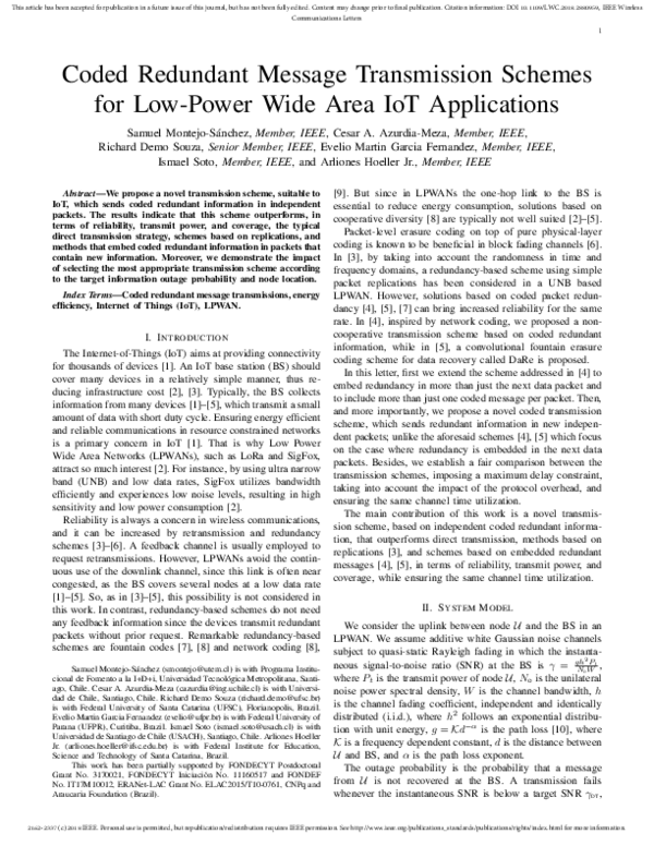 Pdf Coded Redundant Message Transmission Schemes For Low Power Wide Area Iot Applications