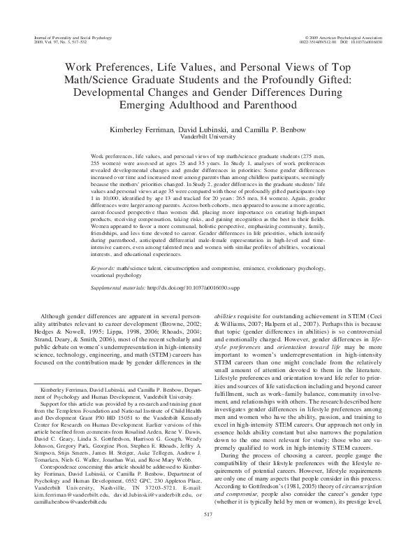 (PDF) Work preferences, life values, and personal views of top math ...
