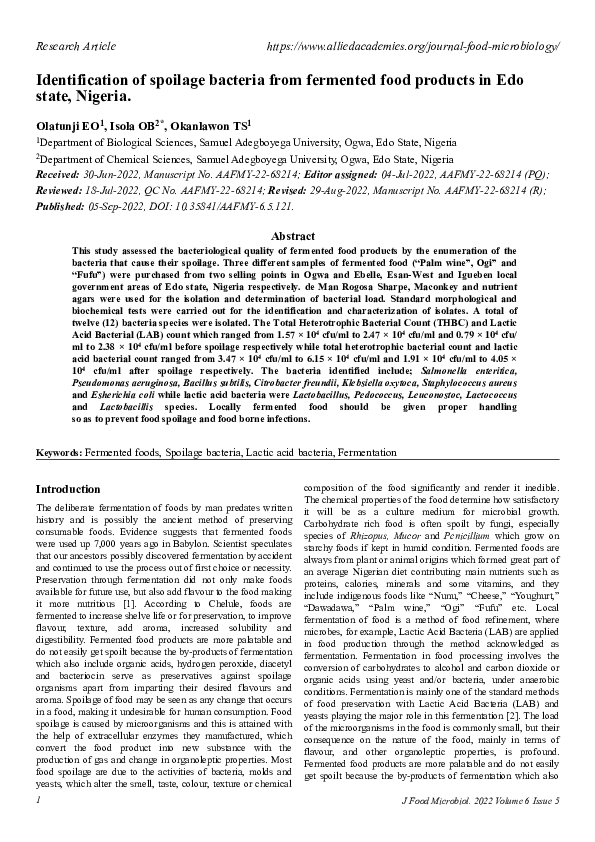 (PDF) Identification of spoilage bacteria from fermented food products ...